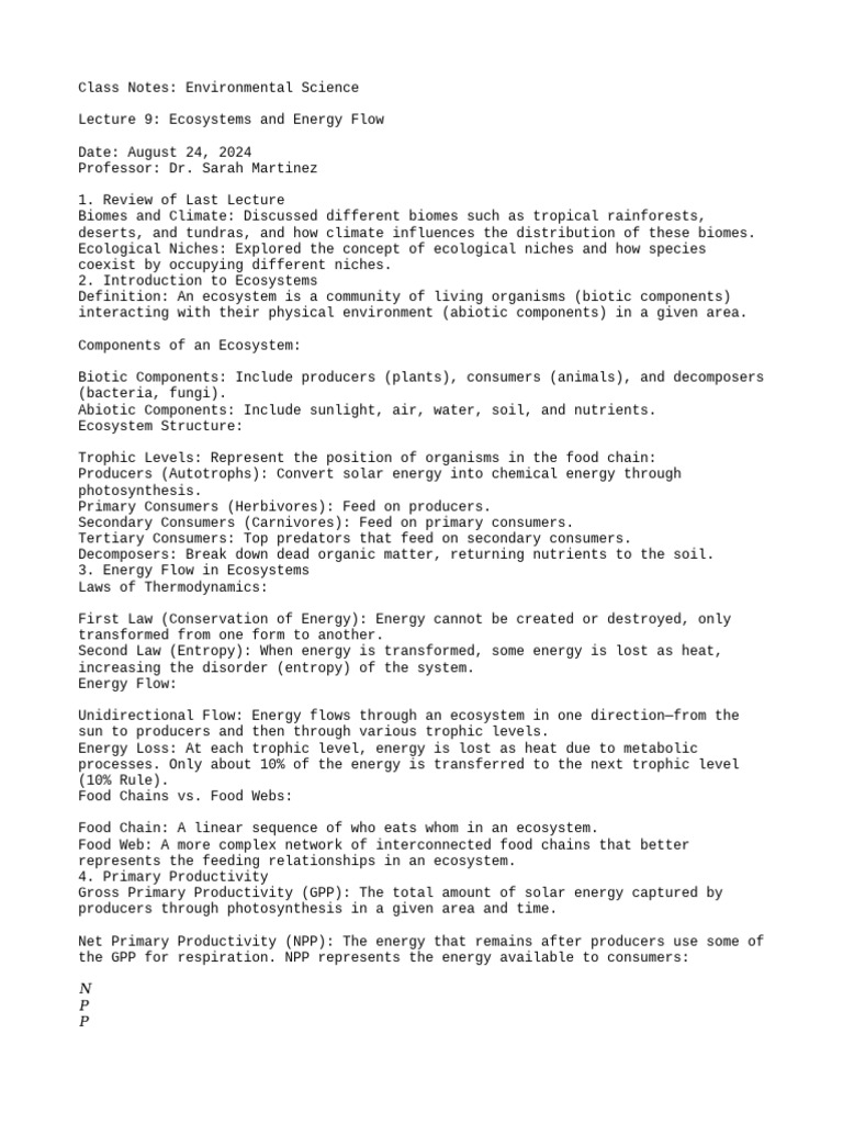 Class Notes Environmental Science | PDF | Ecosystem | Science & Mathematics