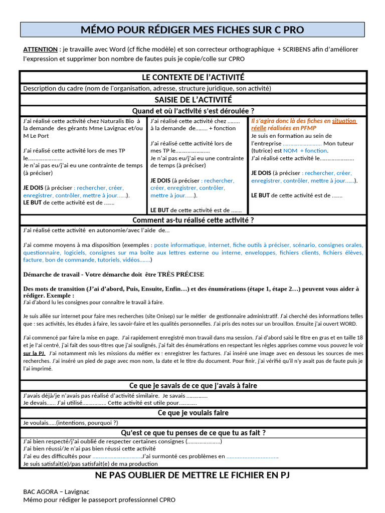 Mémo Pour Rédiger Les Fiches Sur CPro | PDF