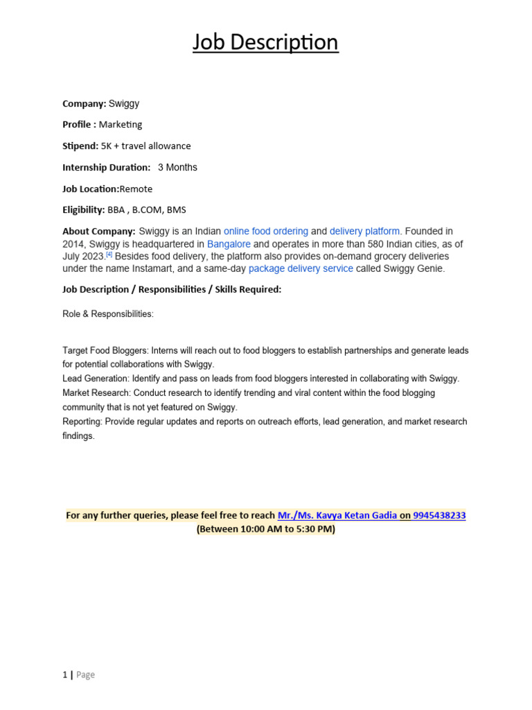 Swiggy JD Format | PDF