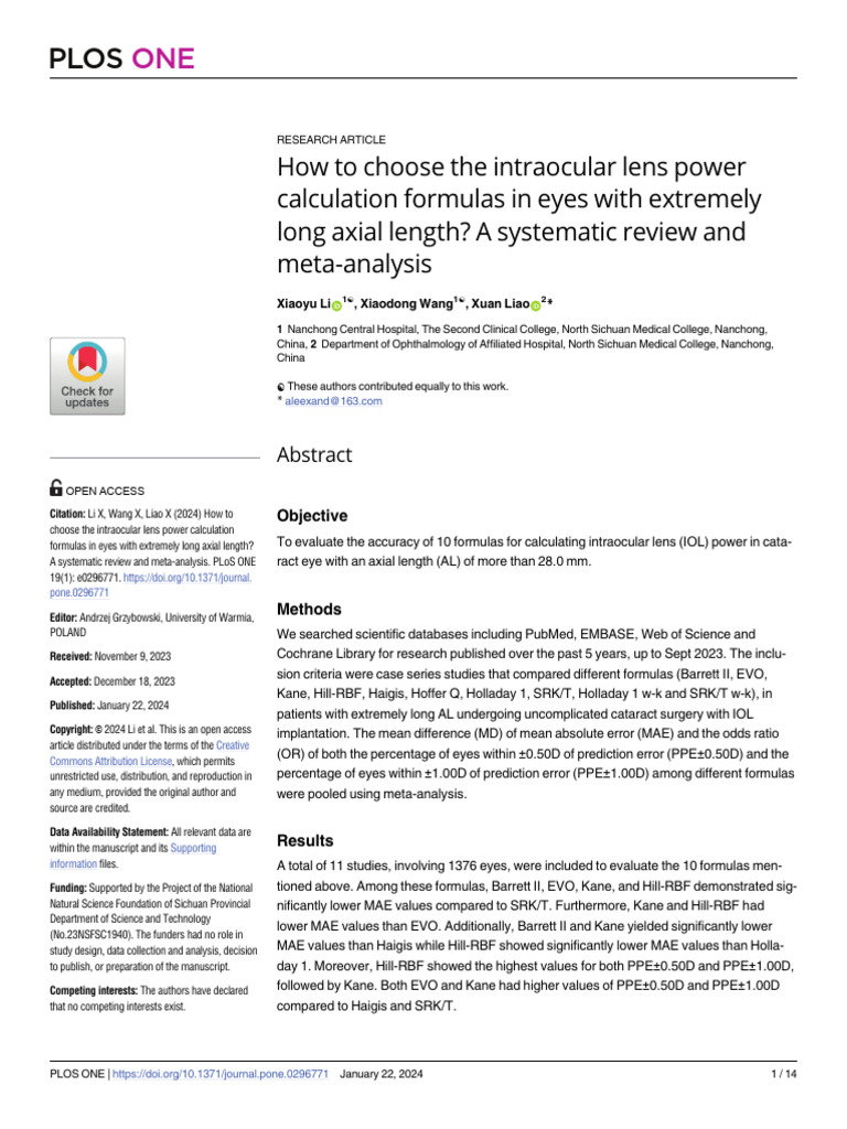 How To Choose The Intraocular Lens Power Calculati | PDF ...