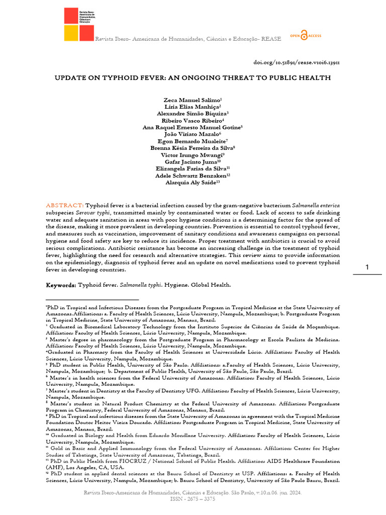 Update On Typhoid Fever - An Ongoing Threat To Public Health | PDF