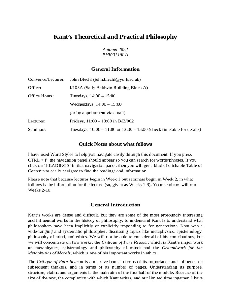 2022 Kant's Theoretical and Practical Philosophy Module Outline | PDF