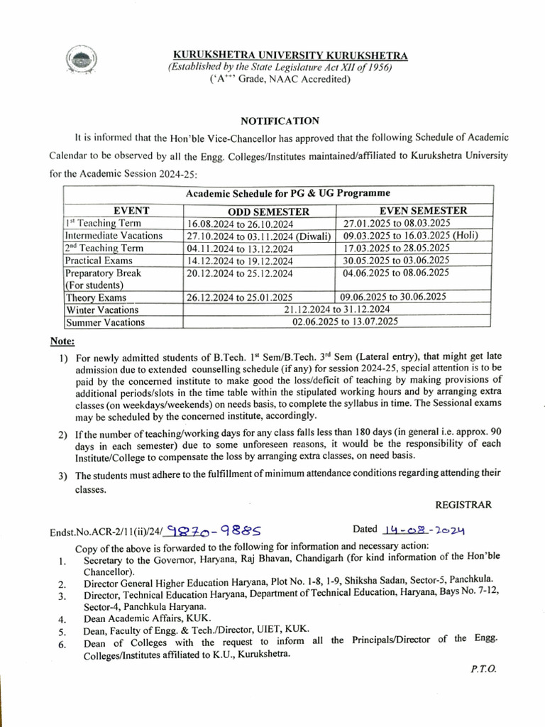 Schedule of Academic Calendar For Engg. Programme For The Session 2024 ...