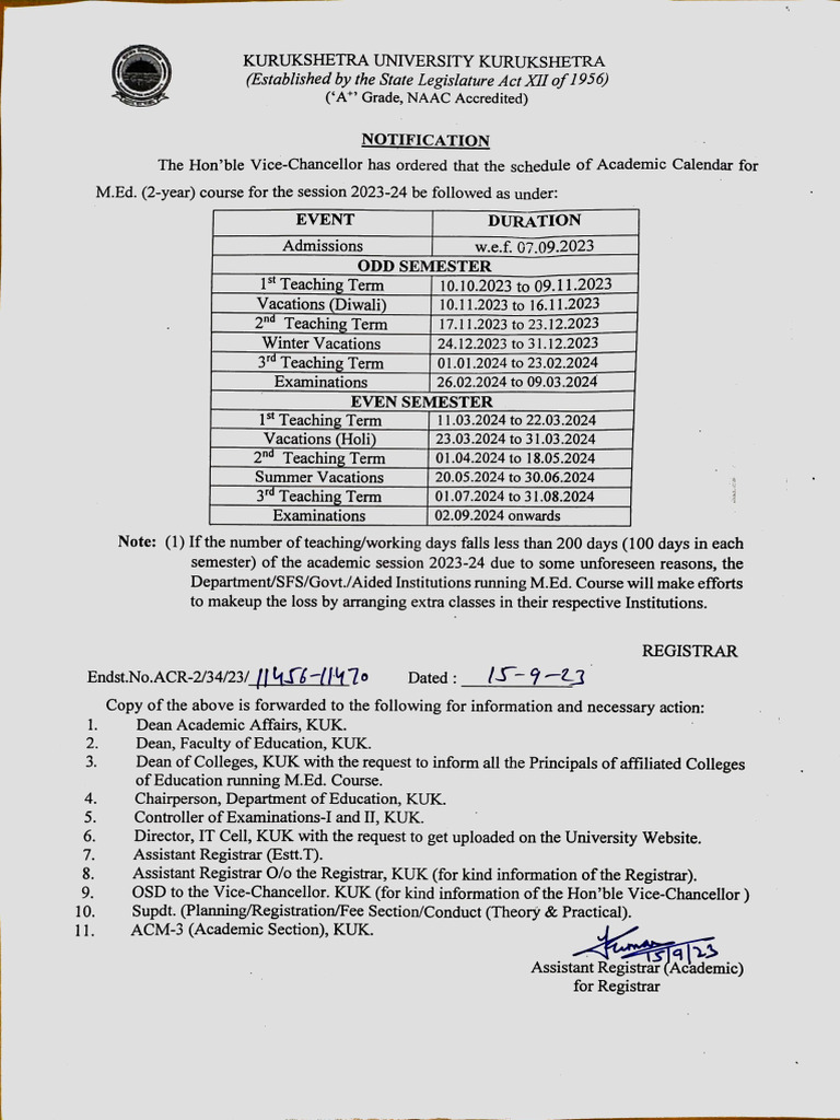 Notification of Schedule of Academic Calendar For M.Ed - Course For The ...
