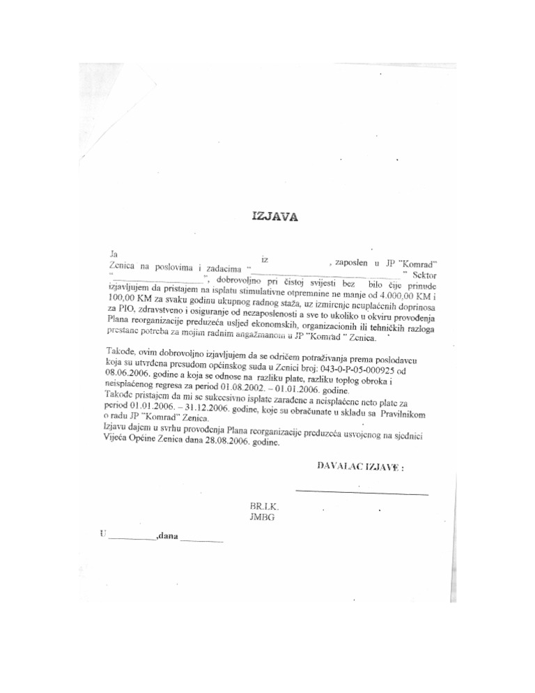 Izjava o Prihvatanju Otpremnine | PDF