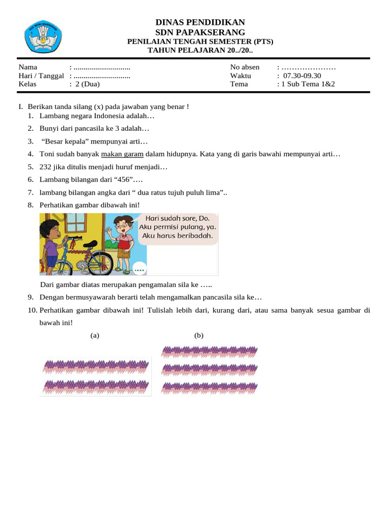 Soal PTS Kelas 2 Tema 1 Sub 1&2 ISIAN | PDF