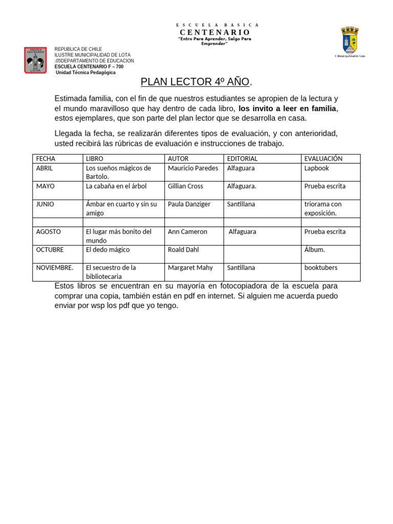 Plan Lector 4to Básico | PDF