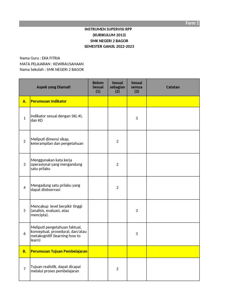 Instrumen Supervisi k13&Bk | PDF