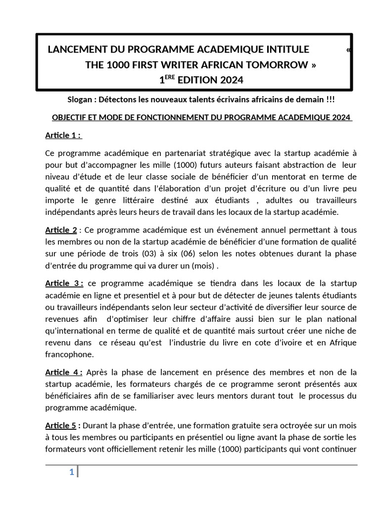 Mode de Fonctionnement Programme Academique 1000 First African Tomorrow 1ere Edition 2024 | PDF