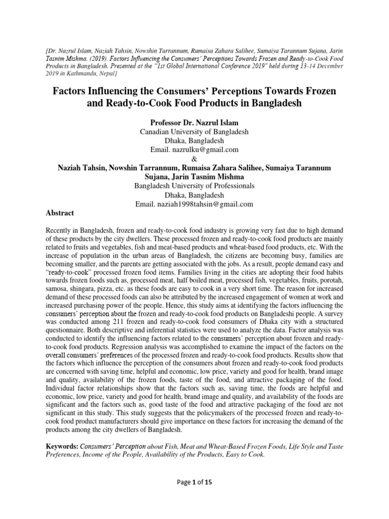 Factors Influencing the Consumers’ Perceptions Towards Frozen and Ready-to-Cook Food Products in ...
