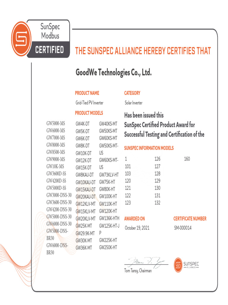 GW - Grid-Tied PV Inverter - Certificate-SunSpec-GoodWe | PDF