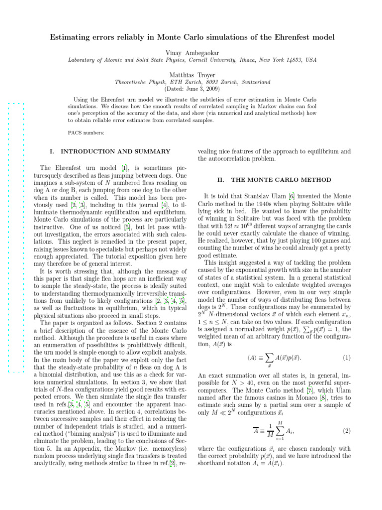 Estimating Errors Reliably in Monte Carlo Simulations of The Ehrenfest ...