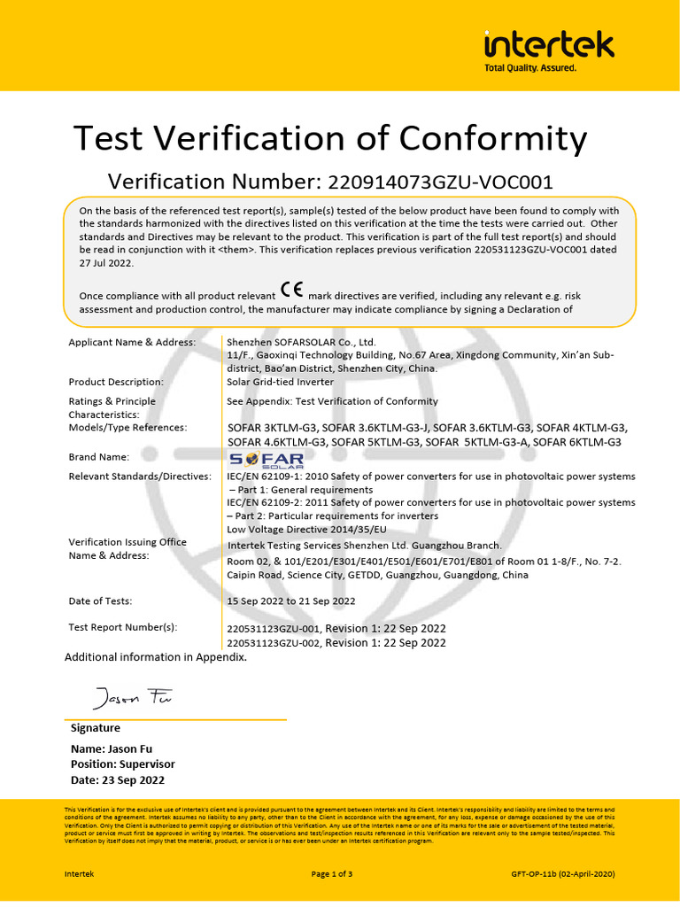 SOFAR 3-6KTLM-G3 - Certificate - IEC 62109 - 2022-09-23 - en-INT | PDF