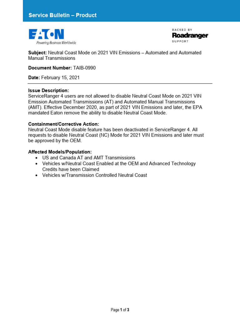2021 VIN Emissions: Neutral Coast Mode Update | PDF