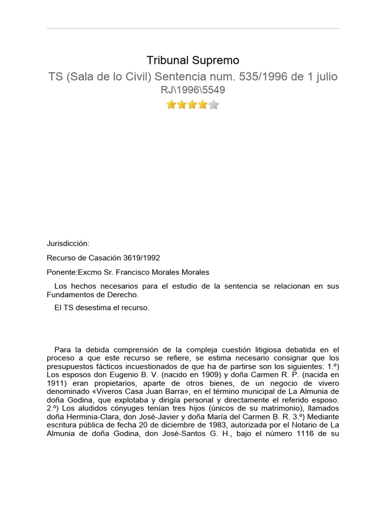 Jur - TS (Sala de Lo Civil) Sentencia Num. 535-1996 de 1 Julio - RJ - 1996 - 5549 | PDF | Caso ...