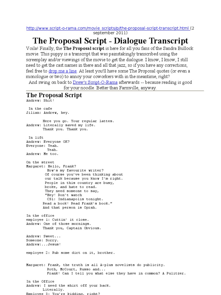 The Proposal Script - Dialogue Transcript | PDF