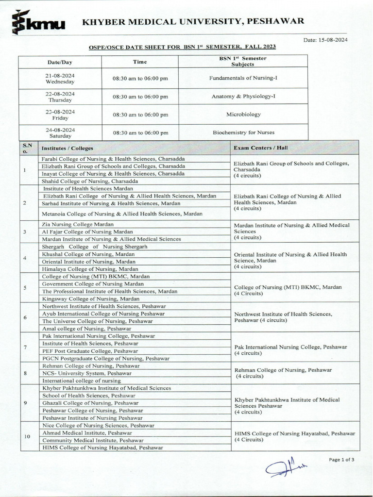 OSPE Datesheet BSN 1st Semester Fall 2023 | PDF