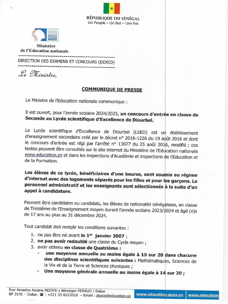 Communiqué de Presse Lyc D'excellence Diourbel 2 | PDF