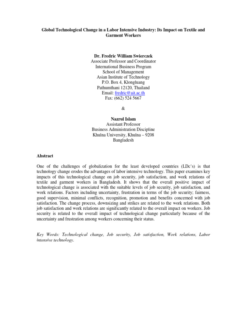 Global Technological Change in A Labor Intensive Industry: Its Impact ...
