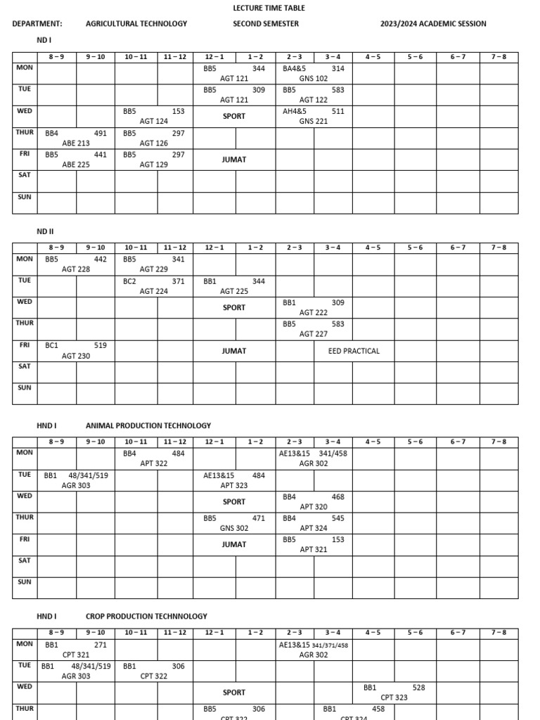 School of Pure and Applied Sciences Second Semester Lecture Timetable 2023 2024 Academic Ses | PDF