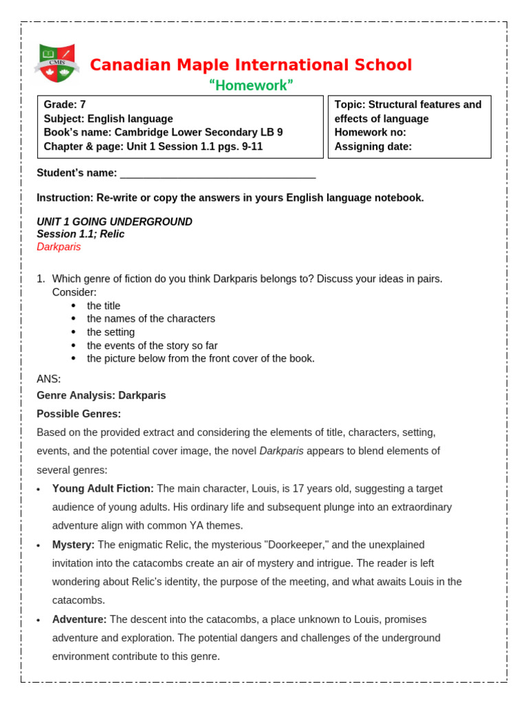 Canadian Maple International School: "Homework" | PDF