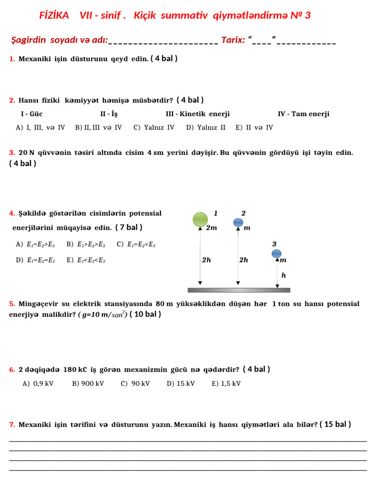 7 Sinif. Fizika. KSQ.3. Əsas. | PDF