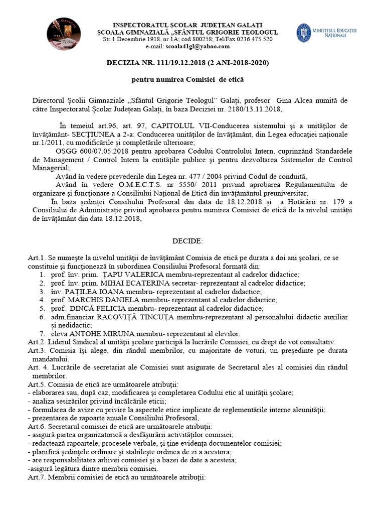 Decizii Director An Scolar 2019 2020 | PDF