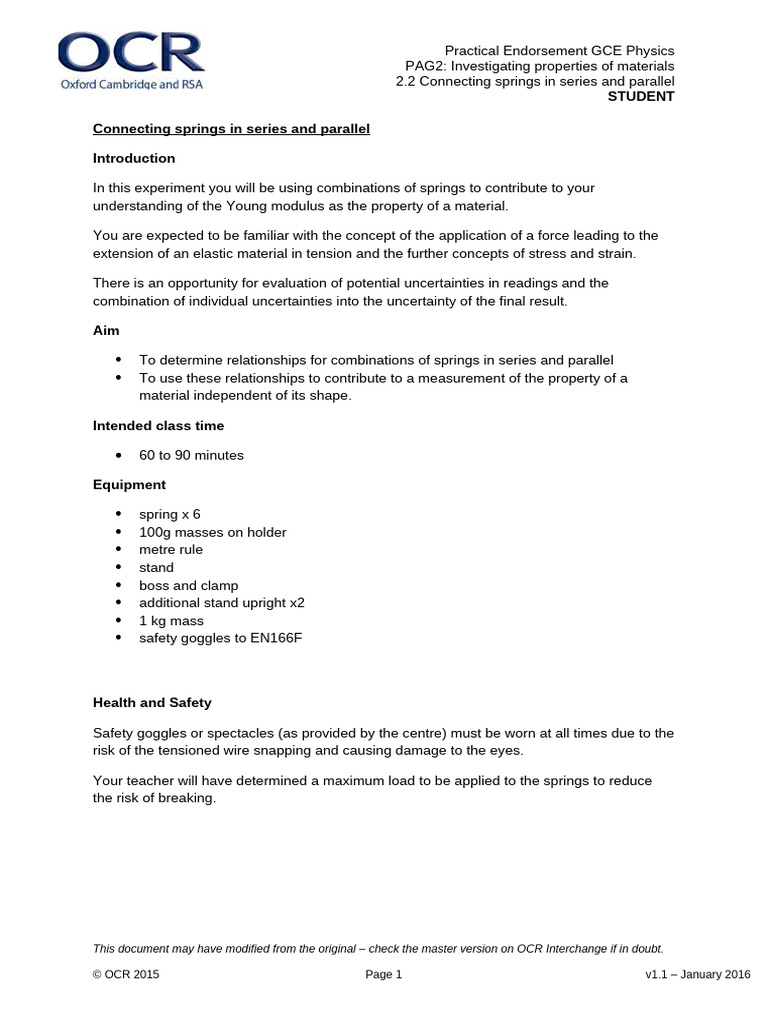 Physics Student Sheet 2 2 Springs In Series And Parallel V1 1 Pdf