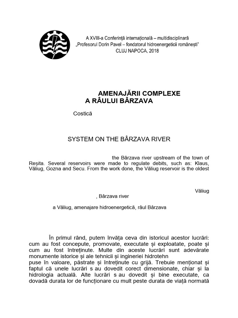 ISTORICUL AMENAJĂRII COMPLEXE A RÂULUI BÂRZAVA Costică SOFRONIE Iacob ...