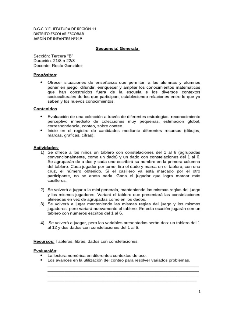 Secuencia Mini Generala (Nivel Inicial) | PDF