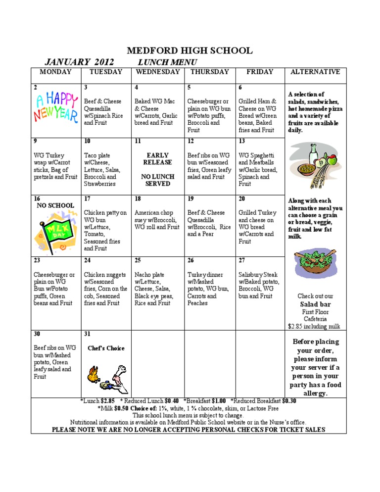 January 2012 High School Lunch Menu | PDF | Cooking, Food & Wine