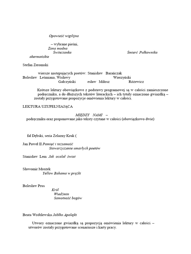 Wykaz Lektur Dla Klas 7 8 | PDF