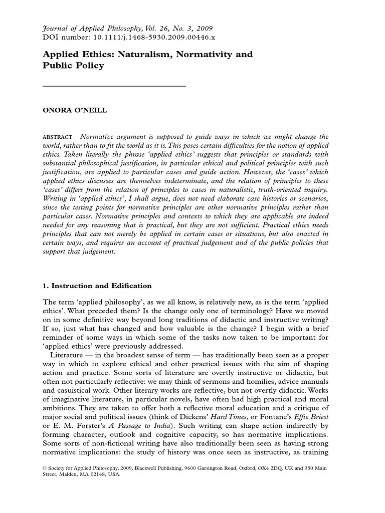 O'NEILL, O. (2009) - Applied Ethics. Naturalism, Normativity and Public Policy | PDF | Applied ...