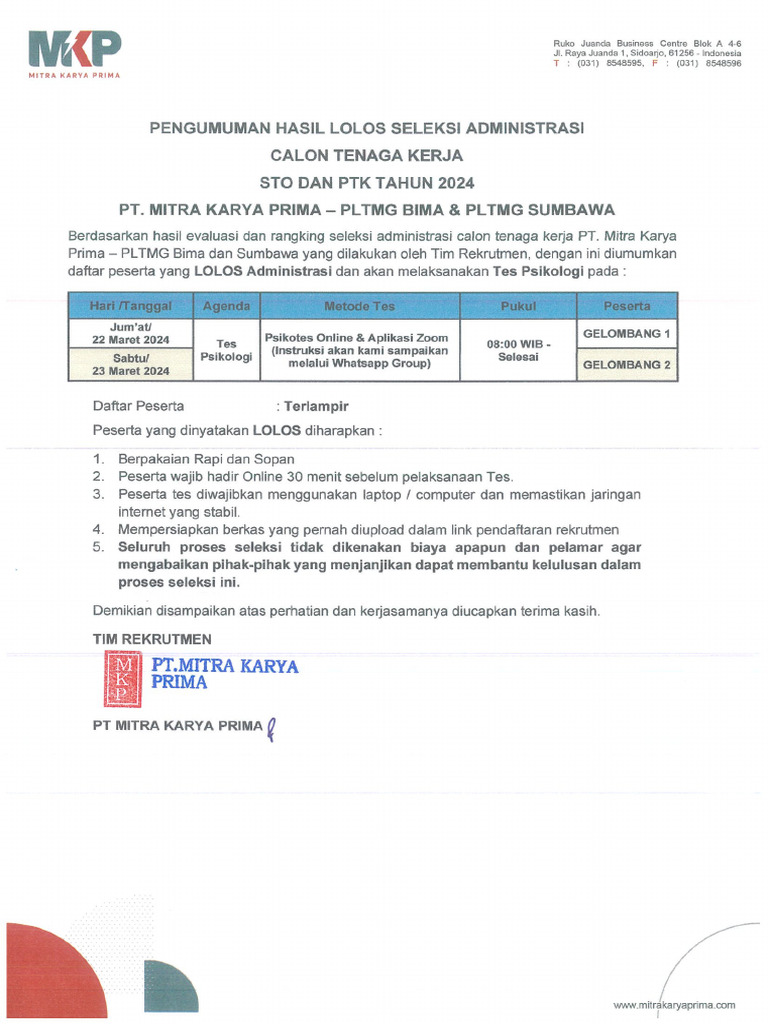 Pengumuman Hasil Lolos Seleksi Administrasi PLTMG Bima & PLTMG Sumbawa ...