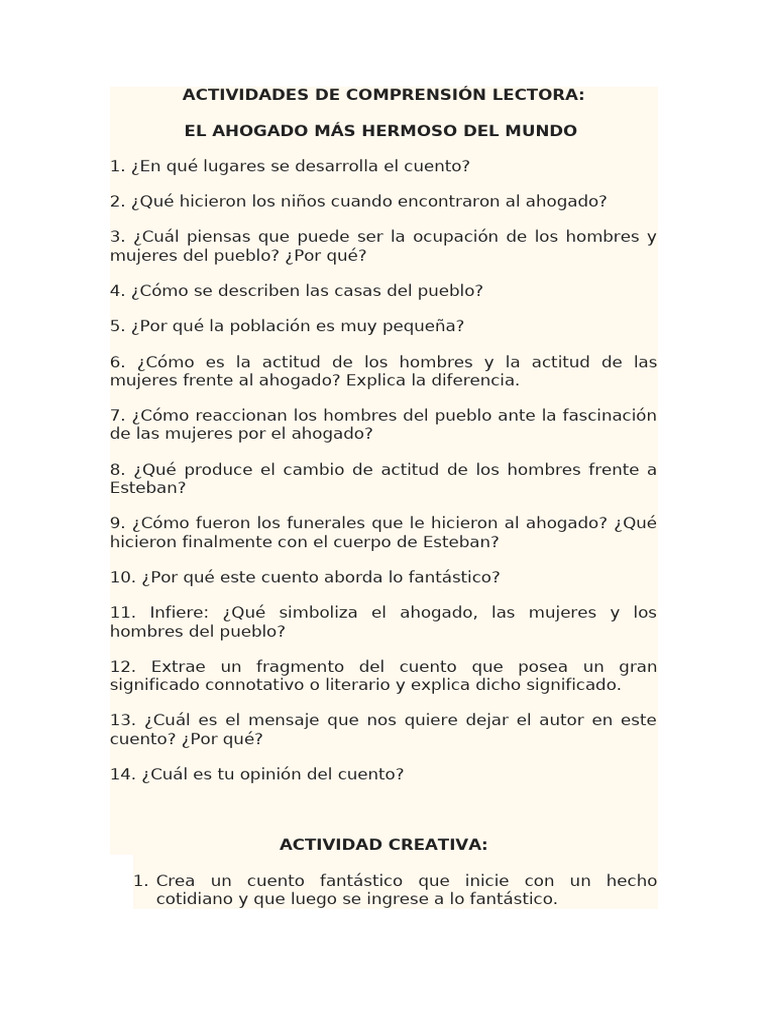 EL AHOGADO MÁS HERMOSO DEL MUNDO_ACTIVIDADES | PDF