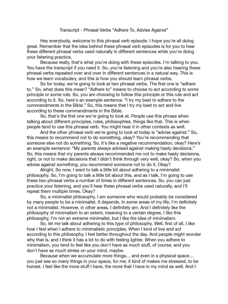 Phrasal Verb Transcript - Adhere To, Advise Against | PDF | Minimalism ...