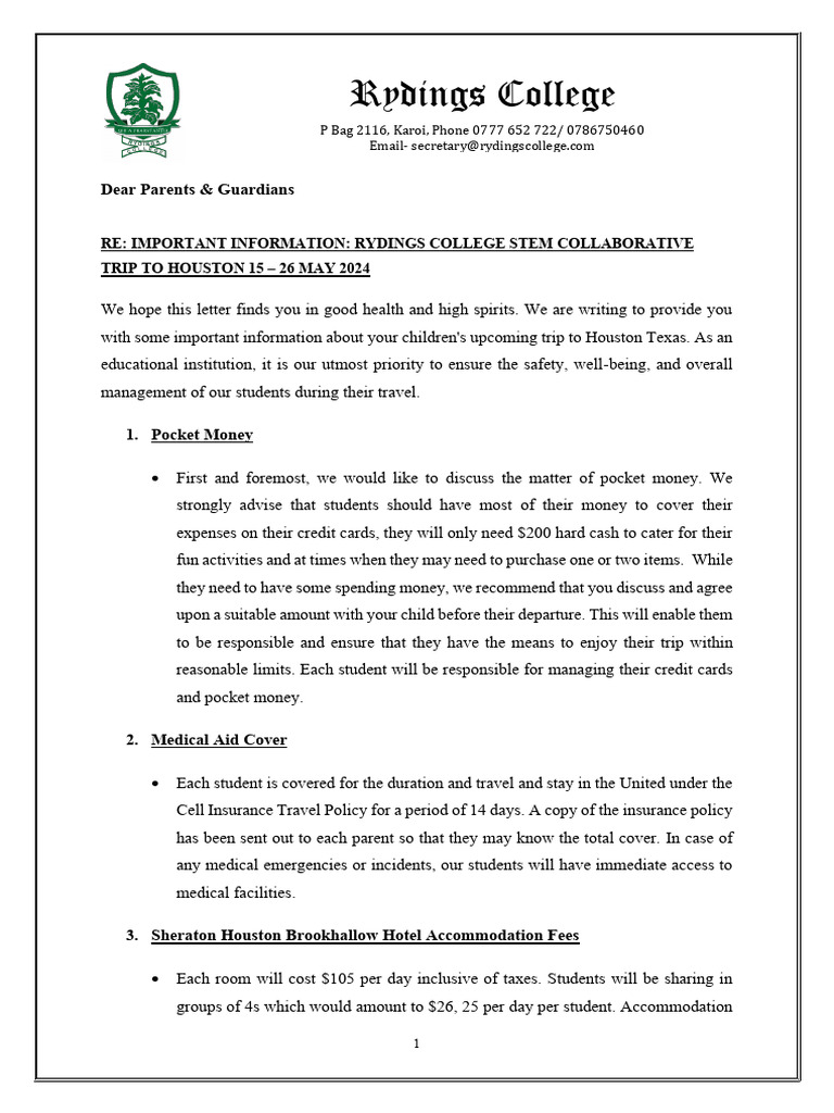 Rydings College Btwhesp Visit To The Us - Important Information | PDF