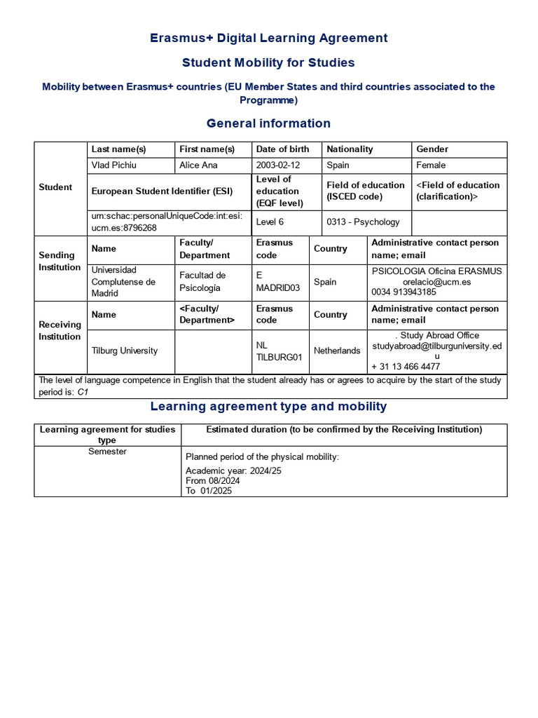 Erasmus+ Digital Learning Agreement Student Mobility For Studies | PDF