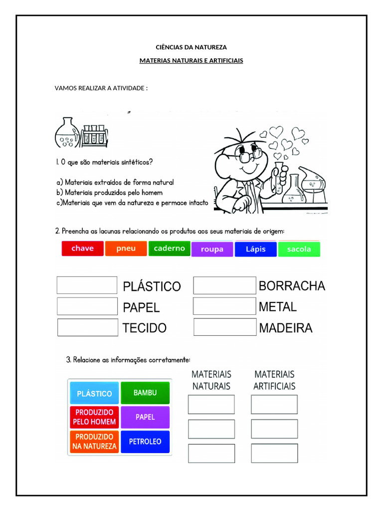 Ficha Ciências Materiais Naturais e Artificiais | PDF