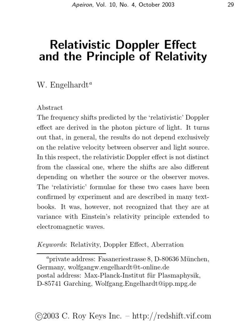 Relativistic Doppler Effect and The Principle of Relativity: W ...