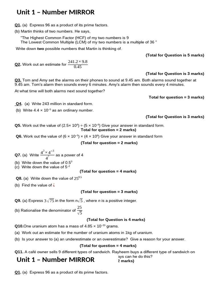 Unit 1 Number Mirror SSU | PDF
