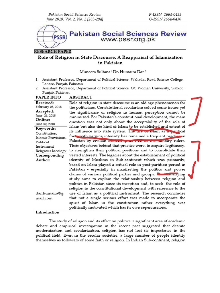 Role of Religion in State Discourse A Reappraisal of Islamization in ...