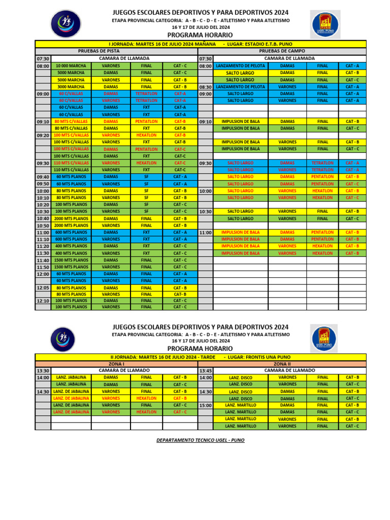 Programa Horario Juegos Escolares 2024-Etapa Provincial-Puno | PDF