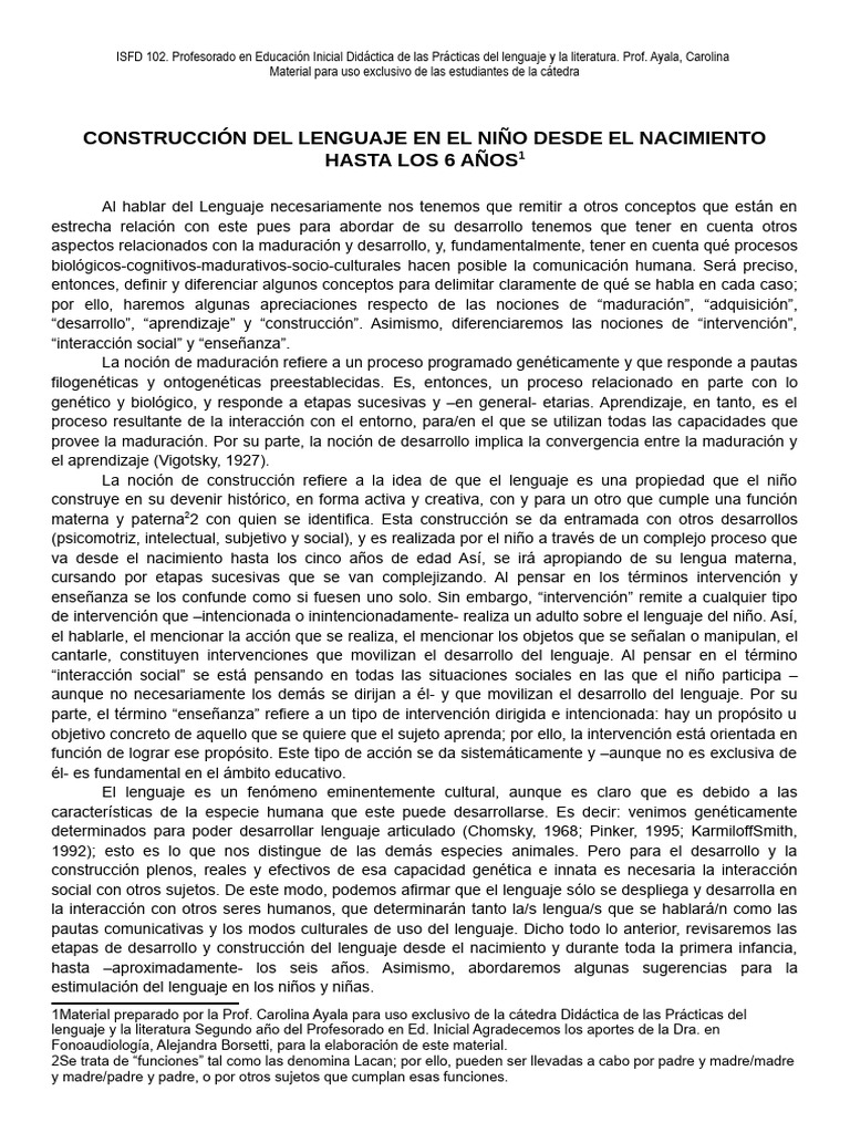 ISFD 102 Construccion y Desarrollo Del Lenguaje Didactica PLG y Lit Inicial | PDF