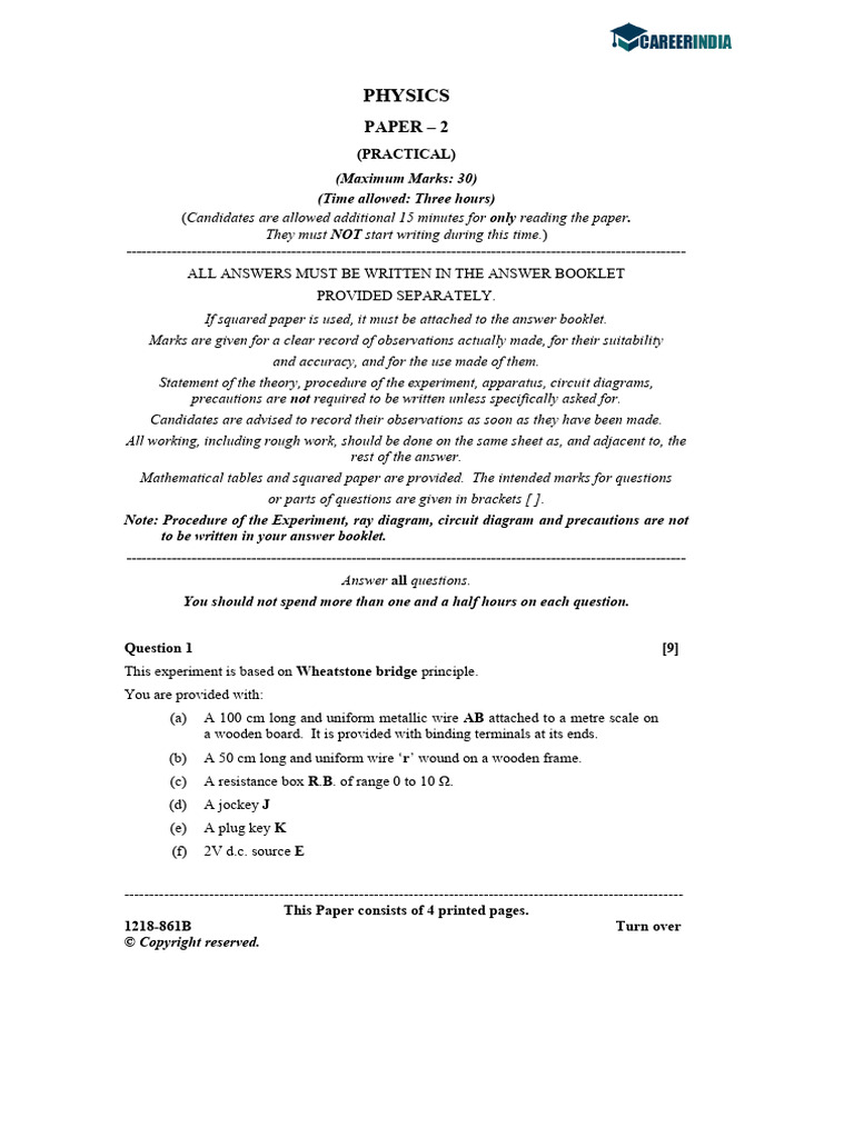 ISC Class 12 Physics Paper 2 (Practical) Question Paper - 2018 | PDF