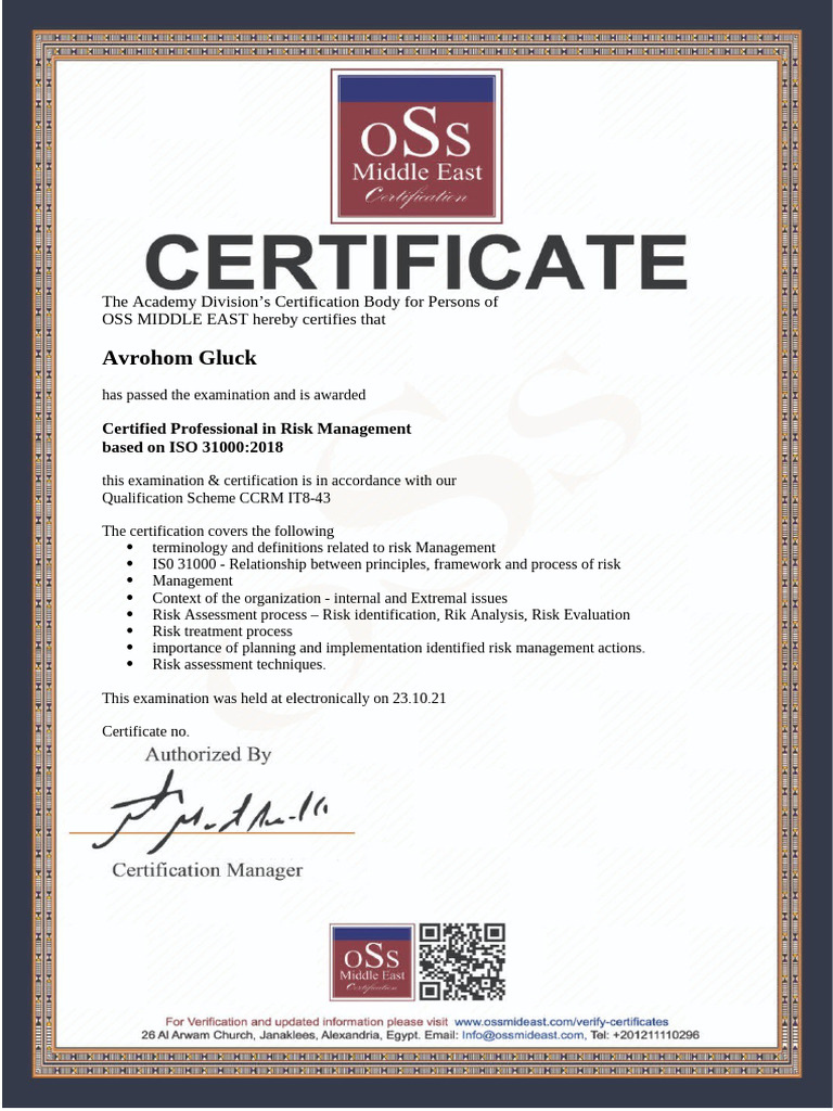 Avrohom Gluck: The Academy Division's Certification Body For Persons of OSS MIDDLE EAST Hereby ...