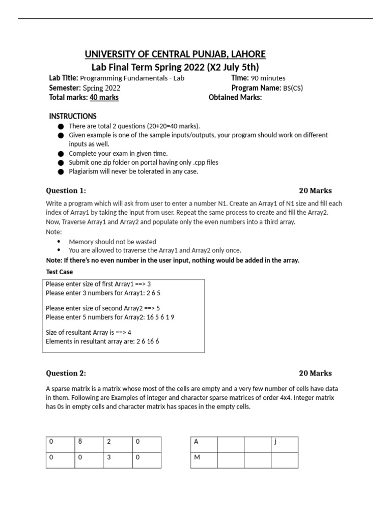 Final Term Exam PF Lab Spring 2022 | PDF