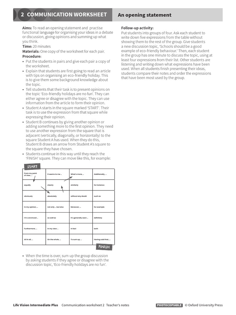 Life Vision Int Plus Comm Worksheet U2 AK | PDF