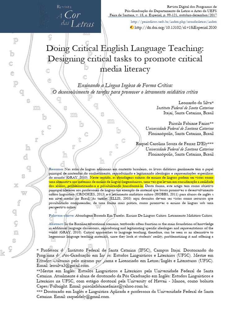 2017 Silva, Farias, Dely, Critical Tasks Development | PDF | Pedagogy | Language Arts & Discipline