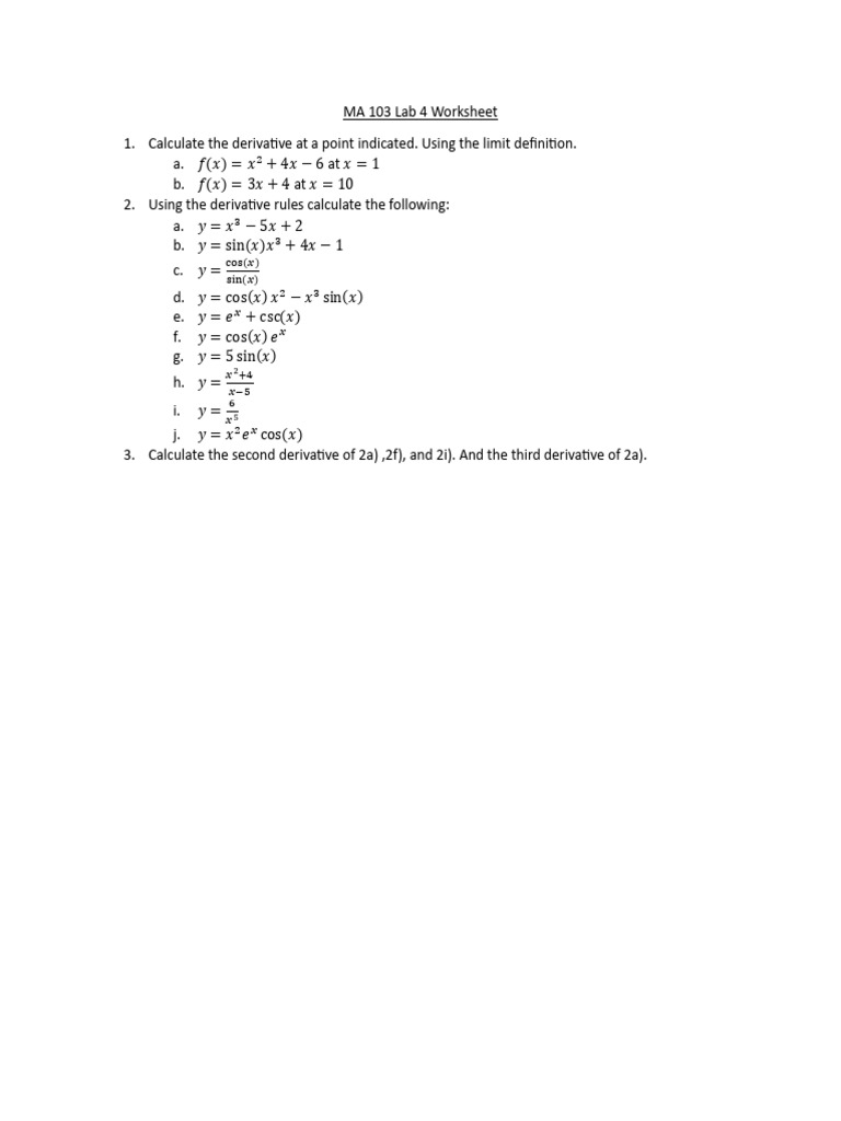MA 103 Lab 4 Worksheet | PDF